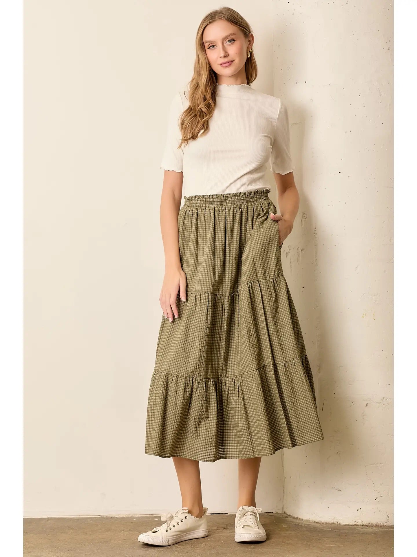 grid check tiered midi skirt | modish moth